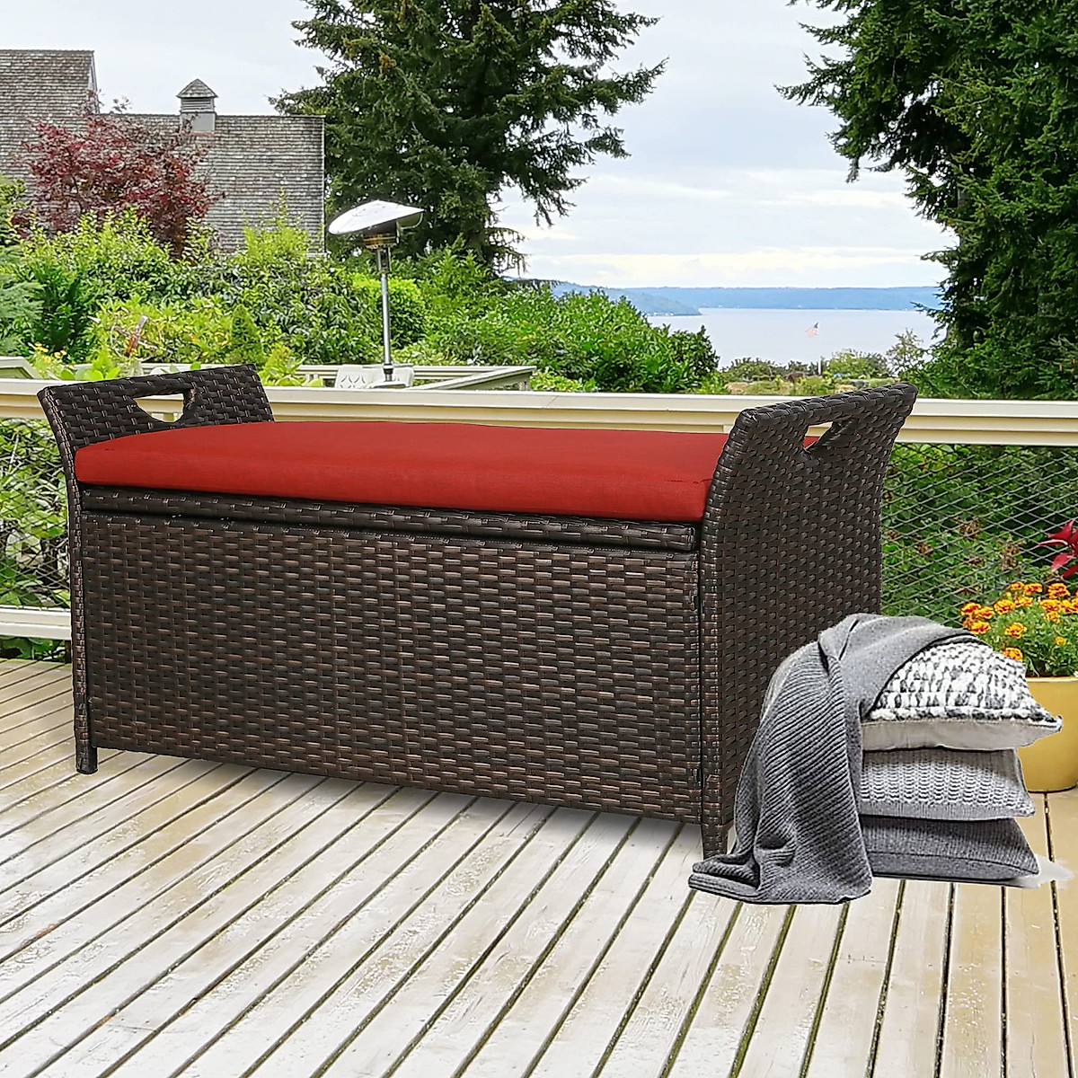PATIO TREE 40 Gallon Outdoor Storage Bench Rattan Deck Box Patio Steel Frame Wicker Storage Container with Cushion, Red NPT-900004