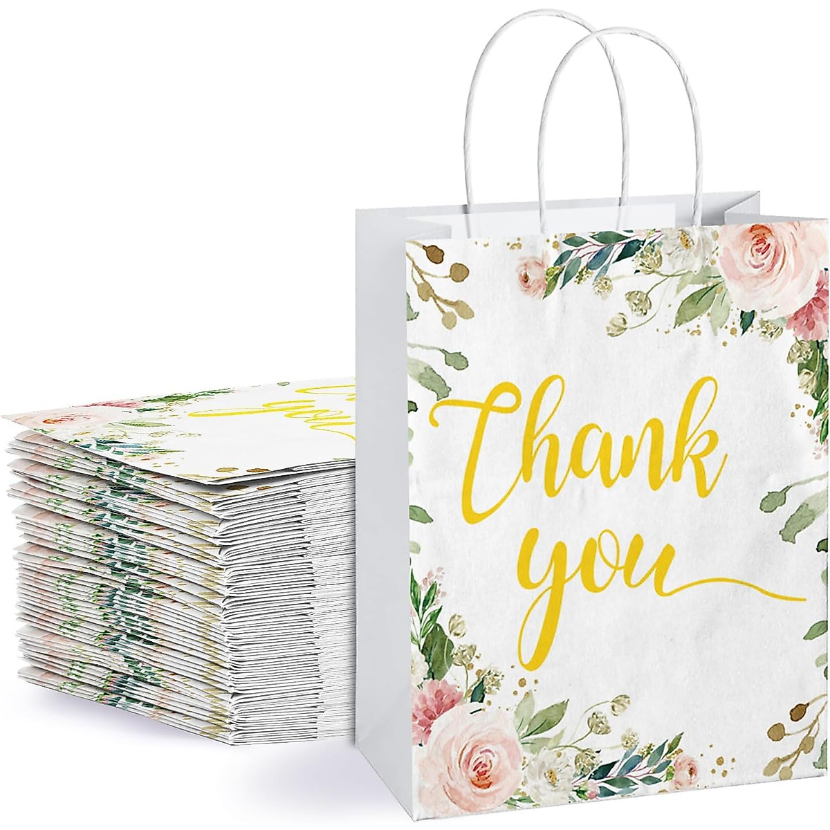 50 Pcs Thank You Gift Bags Floral Design, 8.66x7x3.14" Thank You Kraft Paper Bags with Handle for Wedding, Birthday, Business, Shopping, Baby Showers, Party Favor, Memorial Day, Graduation, Party