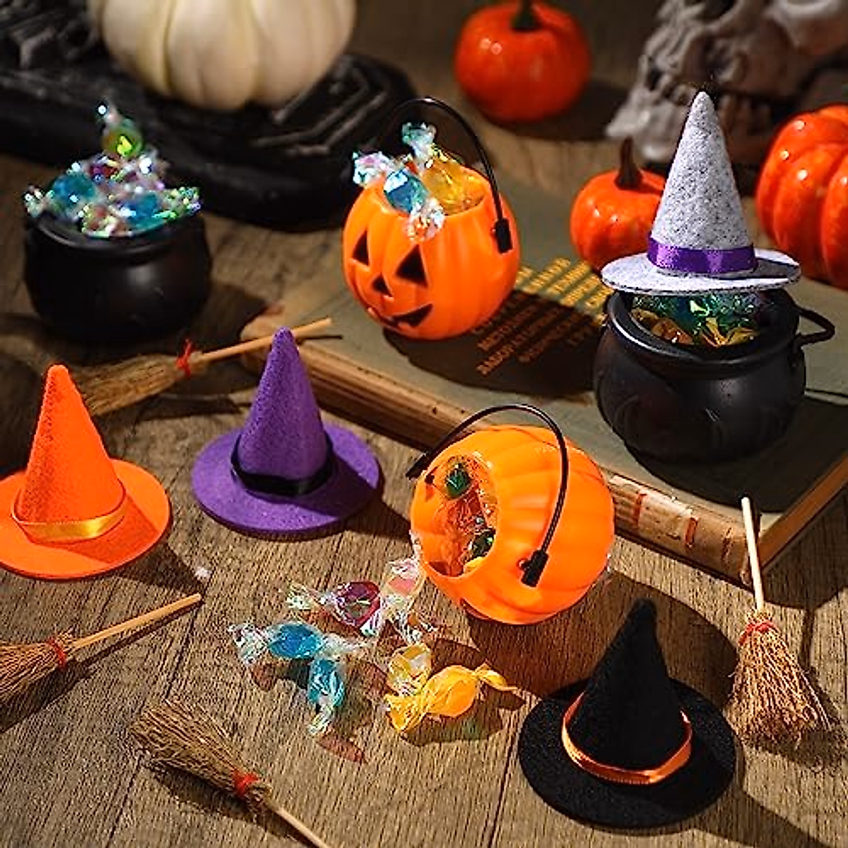 12 Pcs Halloween Mini Witch Hats Candy Cauldron Mini Broom Witch Craft Miniatures Wizard Accessory for Halloween Decorations (Cool Style)