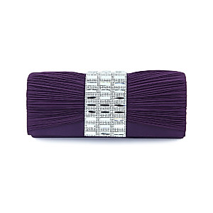 Elegant Pleated Satin Flap Crystal Rhinestones Clutch Evening Bag, Purple