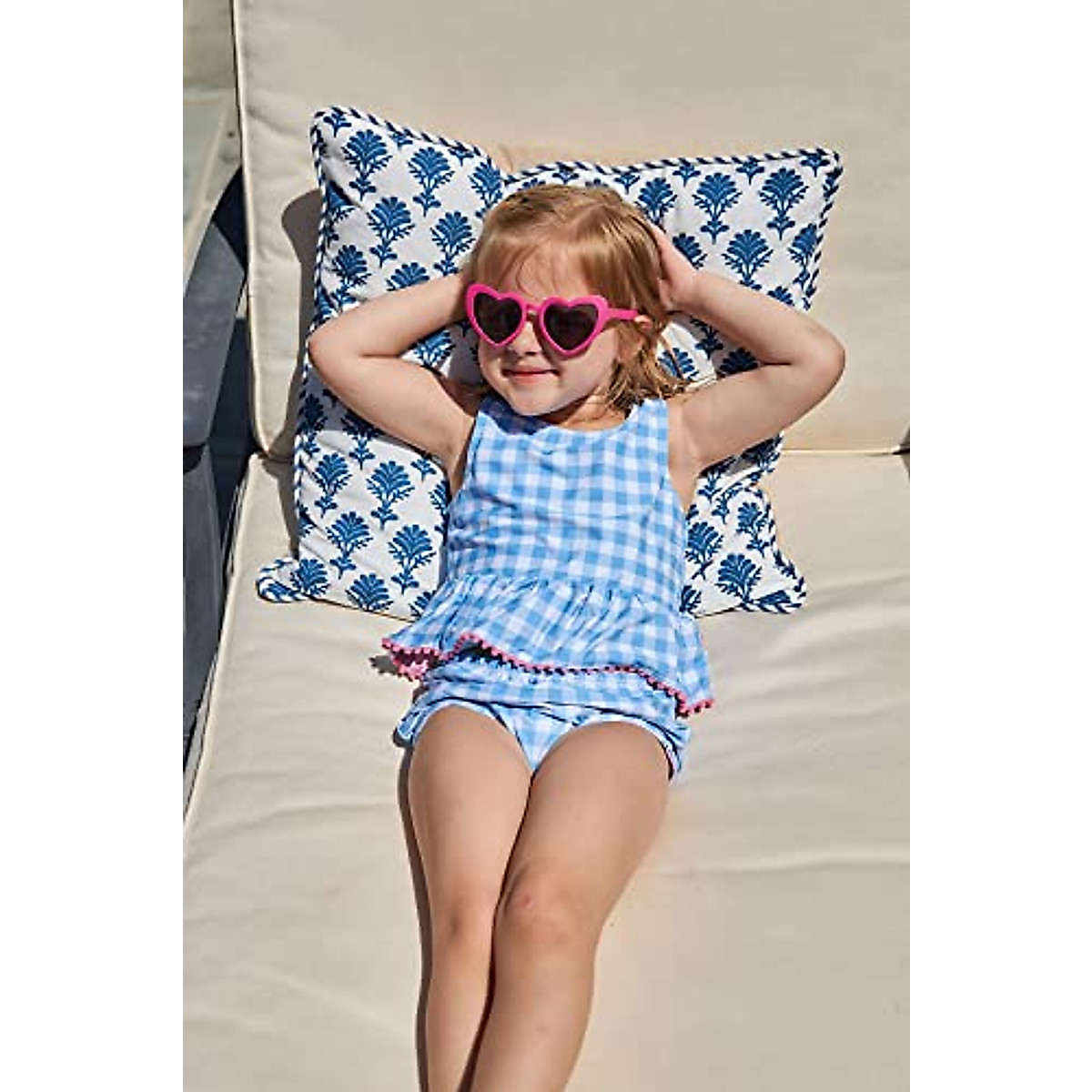 Mud Pie Girls Reversible Swimsuit & Headband Set, Hydrangea/Gingham, 2T