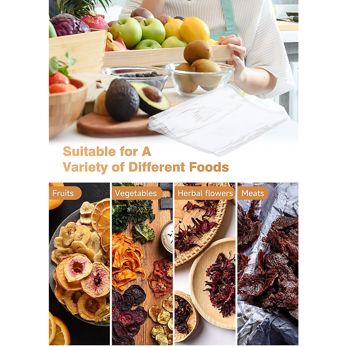 SUCISENI 6 Pack Silicone Dehydrator Sheets (14 x 21 Inch) Premium Non-Stick Silicone Mesh Mat for Fruit Food Dehydrator Reusable Dehydrator Tray Liners for Fruits Meat Vegetables Herbs