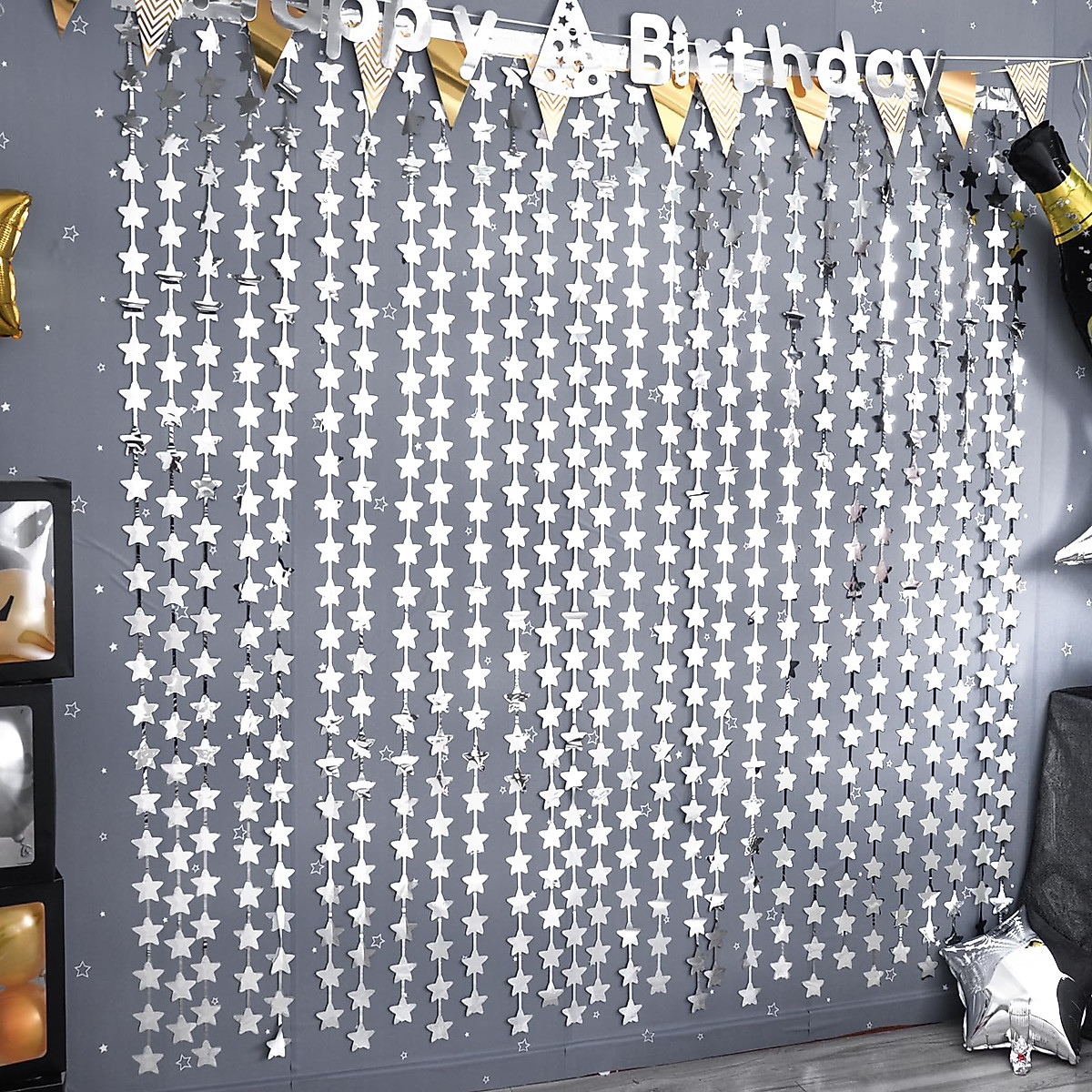 LOLStar 2 Pack Glitter Silver Stars Birthday Decorations 3.3X6.6 ft Each Silver Star Backdrop Foil Fringe Curtains,Perfect for Twinkle Star Baby Shower Anniversary Disco Bachelorette Party Decorations