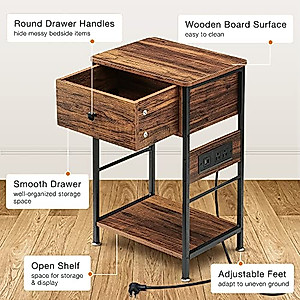 SunnyFurn Nightstand Set of 2,End Table with Charging Station,Side Table with Drawers and Storage,Beside Table for Living Room and Bedroom,Easy Assembly,Brown (Brown)