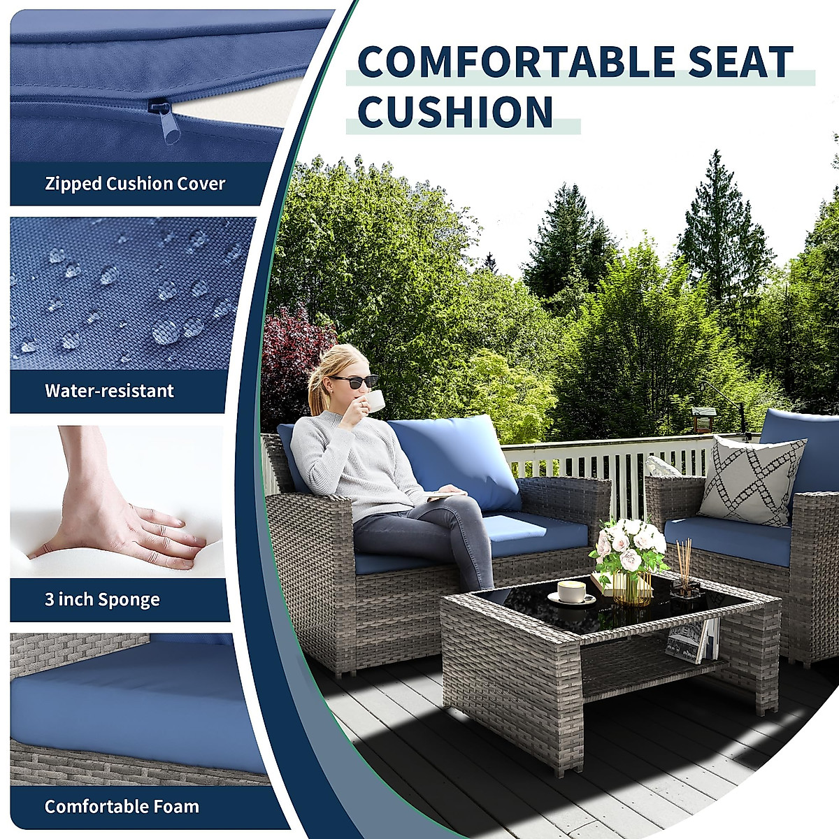 VONZOY 4 Pieces Patio Furniture Set, Wicker Outdoor Sectional Sofa Couch Set, Grey PE Rattan Patio Conversation Sets for Balcony, Porch, Blue