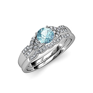 TriJewels Aquamarine & Natural Diamond Engagement Ring & Wedding Band Set 1.35 ctw 14K White Gold.size 9.0