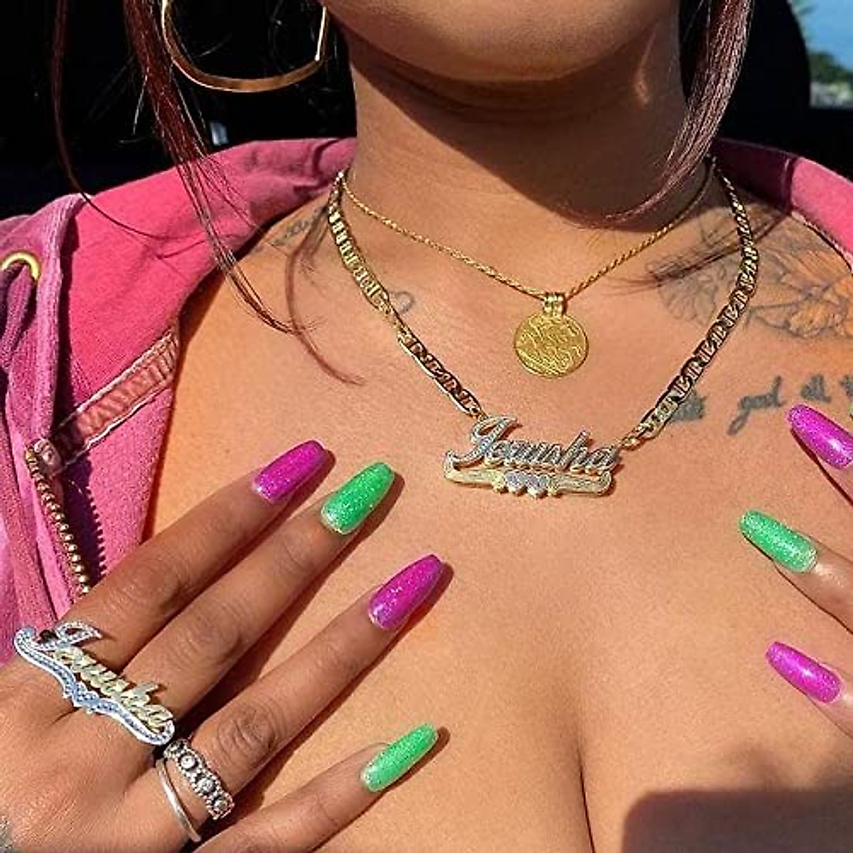 BlingSparkle Name Necklace Personalized Double Plated Nameplate Two Tone Gold and Silver Custom Name Plate Necklaces Letter Heart Choker Necklace Jewelry Gift for Women Lover Men