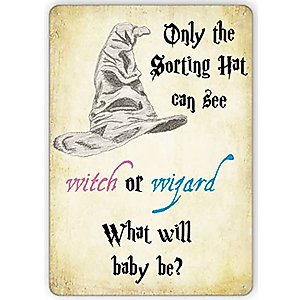 Dreacoss Retro Metal Aluminium Tin Sign Sorting Hat Gender Reveal Sign Baby Shower Gender Reveal Witch or Wizard Metal Tin Sign Poster Wall Plaque Wall Art Home Decor Vintage Metal Tin Sign 8x12 inch