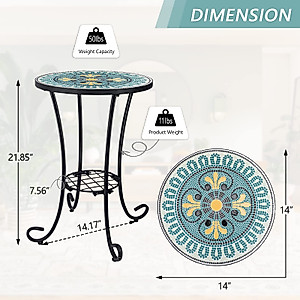 VCUTEKA Outdoor Side Table Mosaic Patio Table Accent Table Mosaic Tile Top Metal Frame Small End Table Porch Beach Patio Garden Balcony Green 14''
