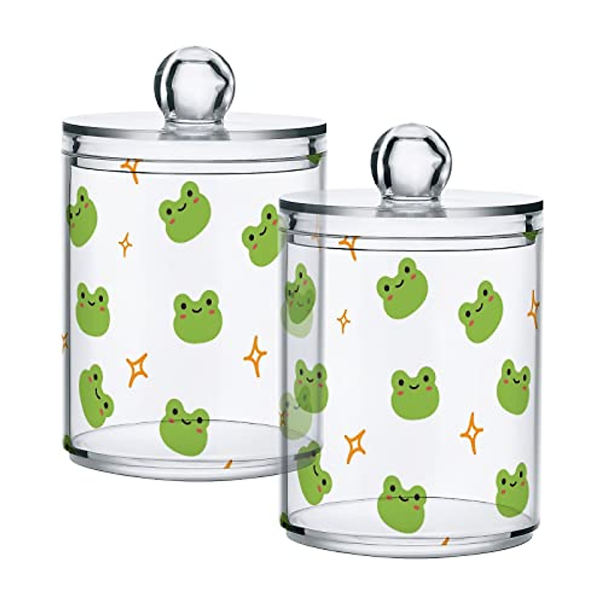 Bulletgxll Apothecary Jar with Lids 2 Pack Cute Frog Qtip Holder Clear Plastic Containers Bathroom Vanity Countertop Organizer for Cotton Swabs, Cosmetic Pads, Sponges, Flossers