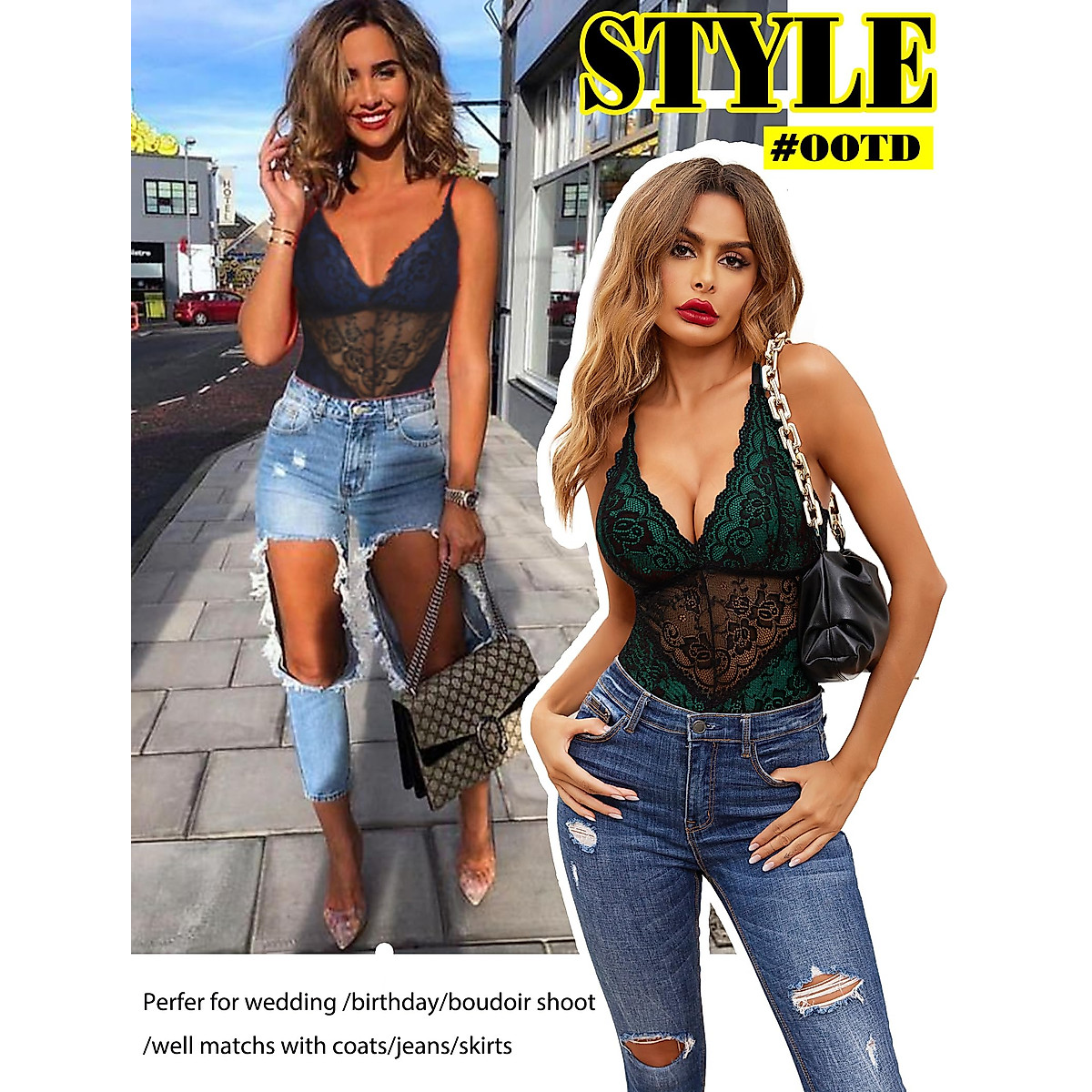 Avidlove Women One Piece Lingerie Deep V Teddy Contrast Lace Bodysuit Mini Babydoll (Green,L)