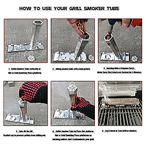 FMOON Upgraded Pellet Smoker Tube With Cold/Hot Smoking Place Platforms ,12" Wood Pellet Tube Smoker With Heat Resistant Glove and 2 Hooks and 1 Brush and 1 Smoke Tube Cover