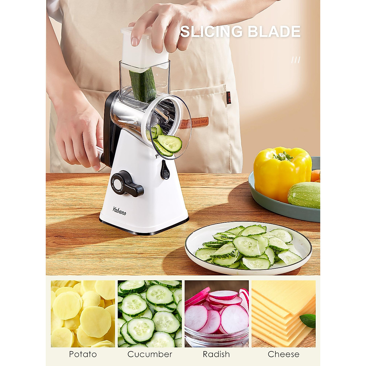 Yabano Rotary Cheese Grater Cheese Shredder with Handle, Vegetable Slicer for Kitchen, 3 Replaceable Stainless Steel Drum Blades, Easy To Use & Clean, Manual Nuts Grinder with Cleaning Brush, White