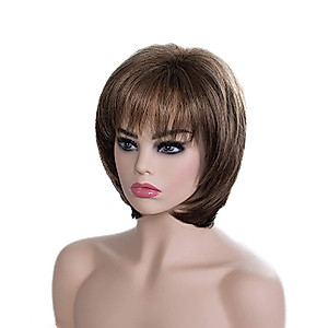 SEVENCOLORS Short Hair Wigs with Bangs Dark Brown Mixed Blonde Pixie Cut Wig for Women Straight Synthetic Fiber Wigs