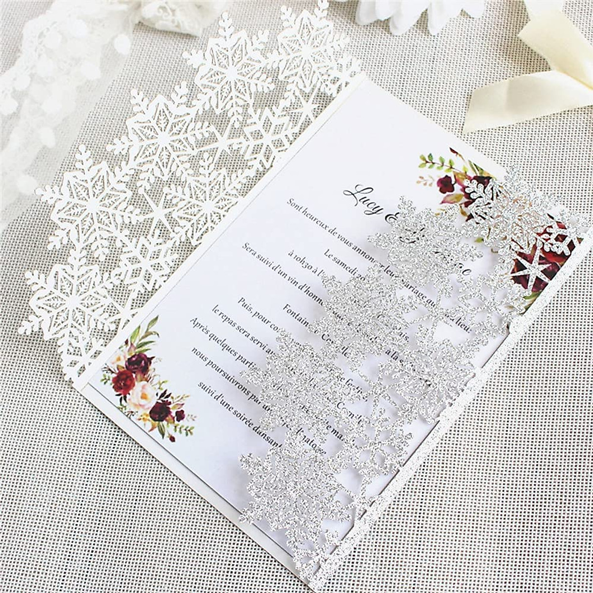 Cylallen 20 sets Snowflake Laser Cut Wedding Invitations Cards Bridal Shower Invitation Cards with ribbon,Birthday Invite Cover,Graduation Invite (Giltter Silver, Whole set)