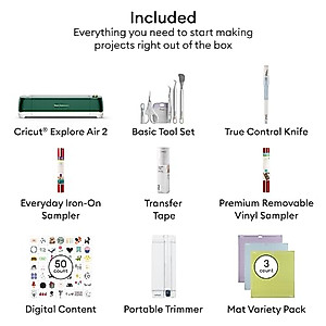 Cricut Explore Air 2 Starter Bundle - Includes 50 images & 10 fonts, Materials, Tool Set, Trimmer, Transfer Tape, Machine Mats & TrueControl Knife