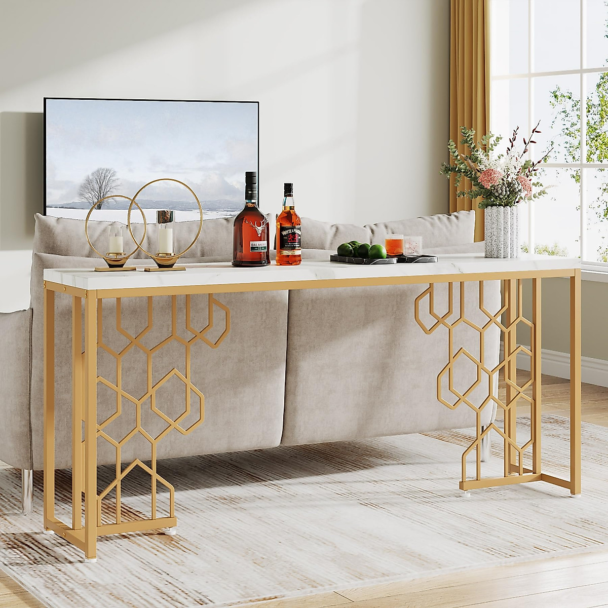 Tribesigns Modern Console Table, 70.87" Long Entryway Table for Living Room, Hallway, Entrance, Front Door, Foyer Sofa Table with Geometric Gold Frame & Faux Marble White Tabletop