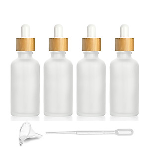 4 Pcs Bamboo Frosted Glass Eye Dropper Bottle,Empty Essential Oil Bottles With Pure Glass Pipettes,Bamboo Cap Makeup Travel Cosmetic Sample Container-Pipette&Funnel included (50ml/1.7 Ounce)