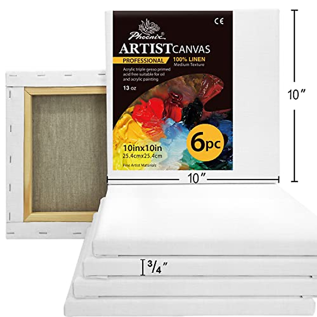 PHOENIX Linen Canvas for Painting, 10x10 Inch/6 Pack - 3/4 Inch Profile, Medium Texture - 13 Oz Triple Primed Blank Heavy Weight Professional Stretched Canvas for Oils, Acrylics, Pastels