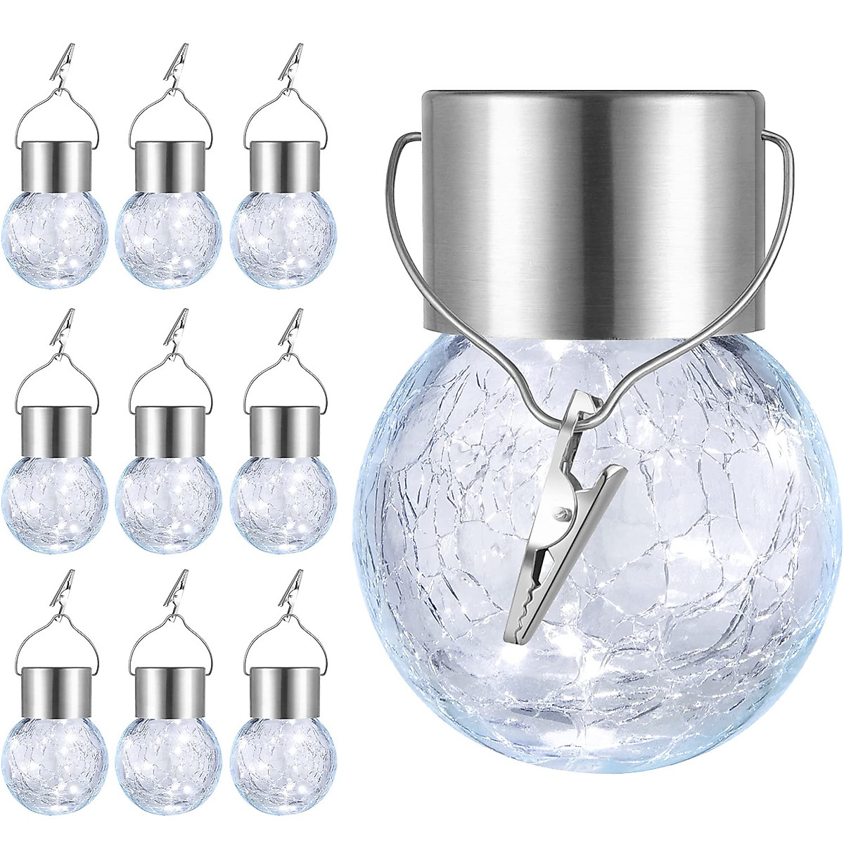 10-Pack Hanging Solar Lights Outdoor, Solar Powered Cracked Glass Ball Light, Decorative Globe Lighting Outdoor Waterproof with Handle for Garden, Tree, Holiday Decoration, Cool White