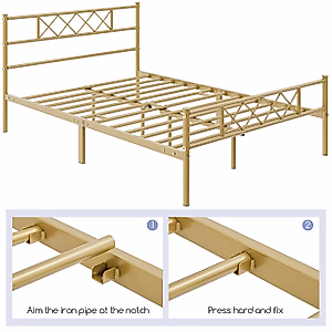 Yaheetech Queen Size Metal Platform Bed Frame Mattress Foundation with Headboard and Footboard No Box Spring Needed Under Bed Storage Steel Slats Antique Gold