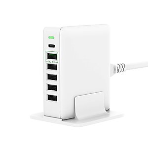 USB Hub Charging Station for Multiple Devices by TalkWorks | 53W Multi Port Fast Wall Charger Power Strip (4X USB-A, USB Type C, QC3.0) for Home or Office (Apple iPhone, Samsung Galaxy) - White