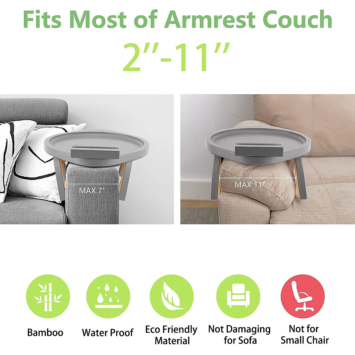 SINWANT Couch Arm Table, Bamboo Round Sofa Clip Tray Table with 360° Rotating Phone Holder,Sofa Arm Tray for Arm Chair Table, Folding Snack Eating Drink Tables