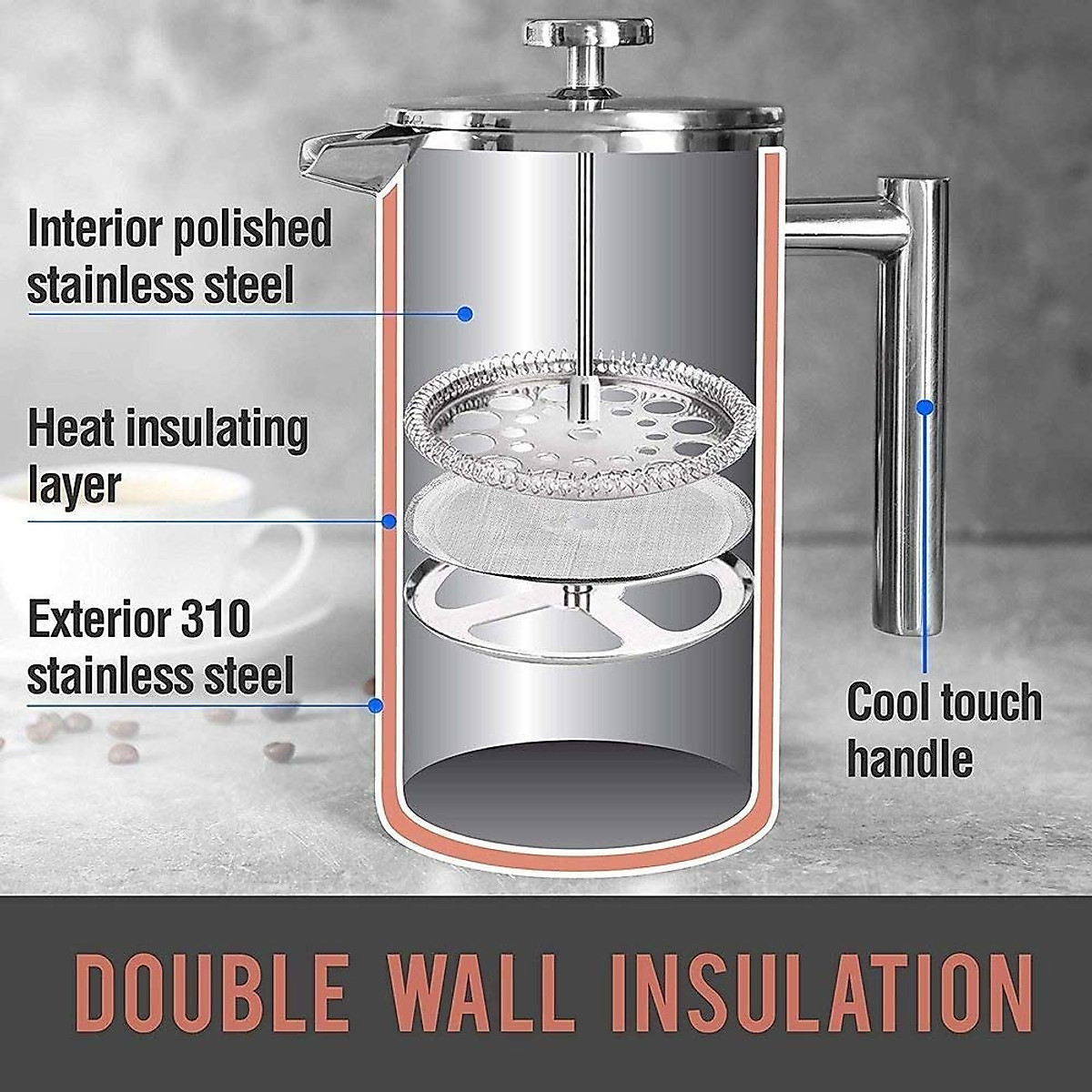 French Press Coffee Maker Stainless Steel Screen Double Walled Percolator Coffee Pot Tea Press Espresso Maker Stylish Rust Free Kitchen Accessory-Stainless Steel French Press Easy to Use