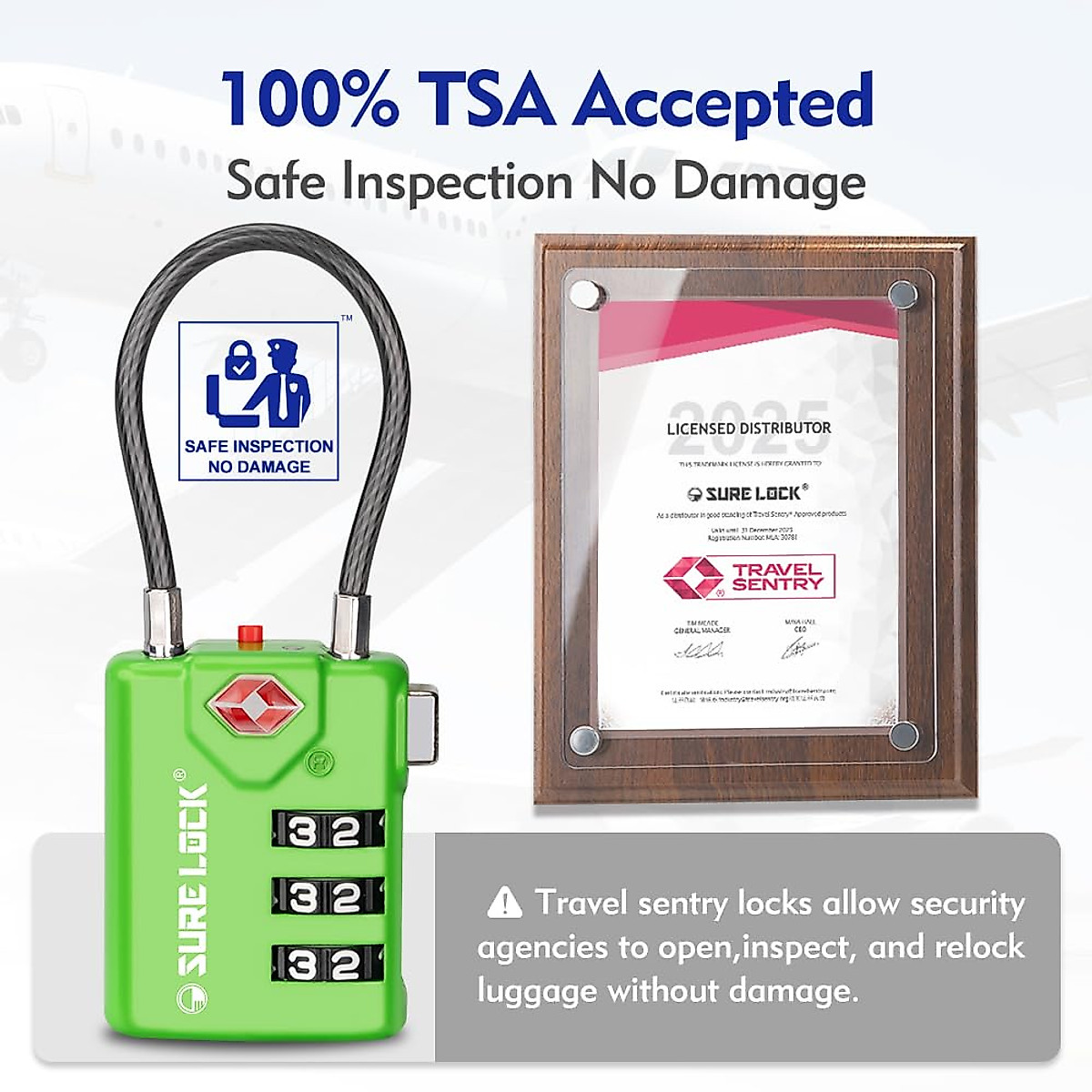 SURE LOCK TSA Compatible Travel Luggage Locks, Inspection Indicator, Easy Read Dials TSA Approved with Zinc Alloy