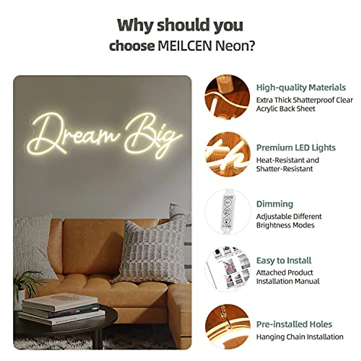 Dream big Neon Sign For Wall Decor, Neon Lights for Bedroom Led Signs, Dream Led Neon Signs For Birthday Gifts, Bar Restaurant Party Art Wall Decorative 23.2 * 7.6 Inch