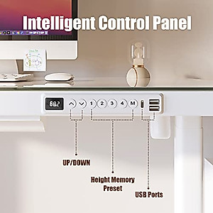 AITERMINAL Glass Standing Desk with Drawer, Electric Height Adjustable Home Office Desk with Storage & USB Ports, 45 x 23 Inch Tempered Glass Tabletop (White)