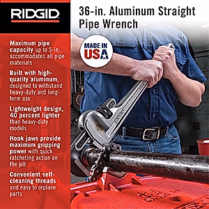 RIDGID 31110 Model 836 Aluminum Straight 36" Plumbing Pipe Wrench, Silver, Made In The USA