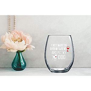 Funnwear I Just Want to Drink Wine And Pet My Dog - 15oz Funny Stemless Crystal Wine Glass Dog Mom - Pet Lover Rescue Mama