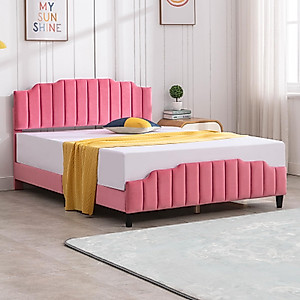 PUREMIND Twin Size Kids Bed Frame with Headboard, Children Bedroom Bed Frame, Upholstered Bed Platform with Slat Support, No Box Spring Needed, Pink Bed Frame for Girls-Princess Twin