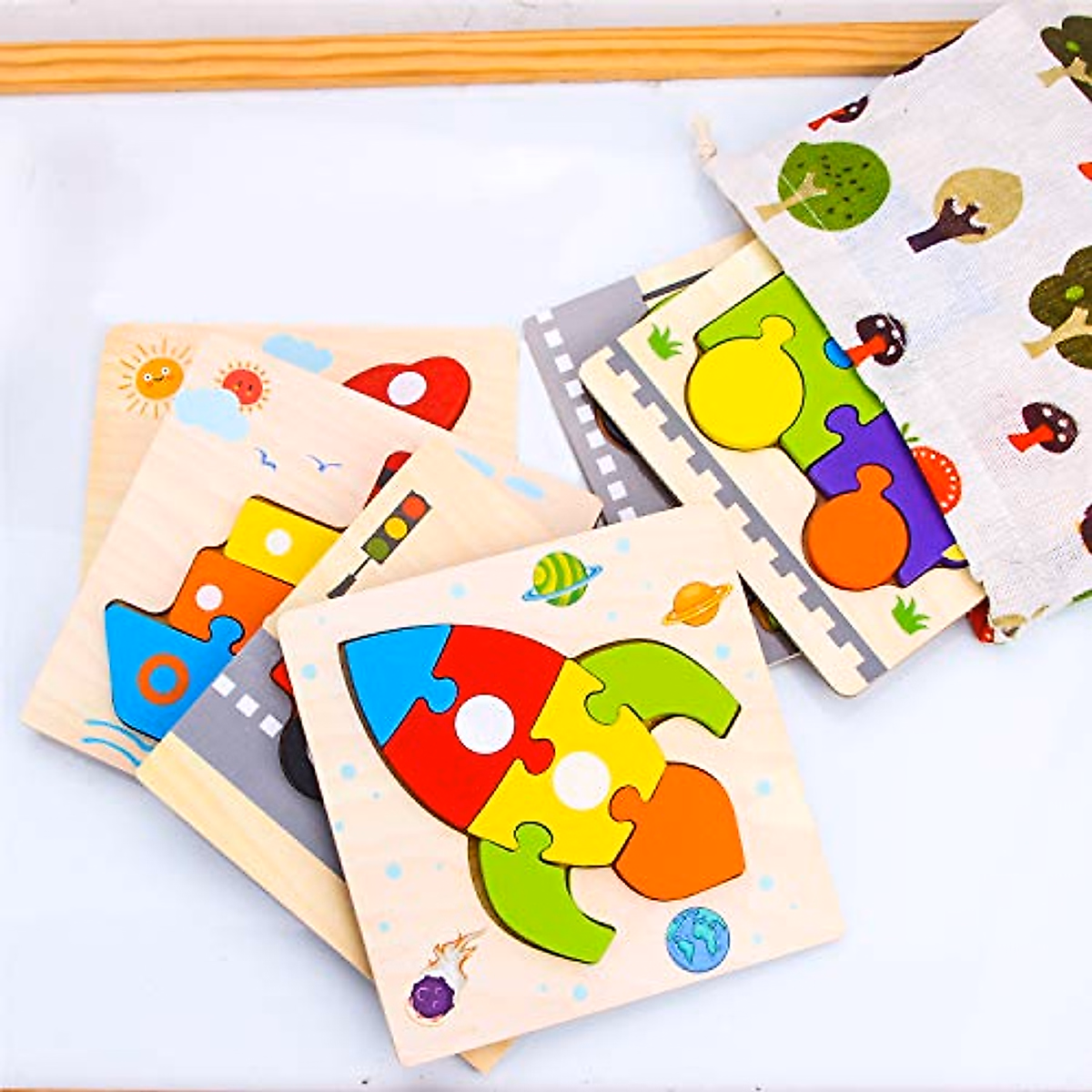 SKYFIELD Wooden Vehicle Puzzles for 1 2 3 Years Old Boys Girls, Toddler Educational Developmental Toys Gift with 6 Vehicle Baby Montessori Color Shapes Learning Puzzles, Great Gift Ideas