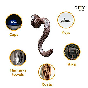 Brown Cast Iron Octopus Tentacle Metal Wall Hook with Hanging Hardware Bathroom Wall Towel Hook Nautical Theme Coat Hooks