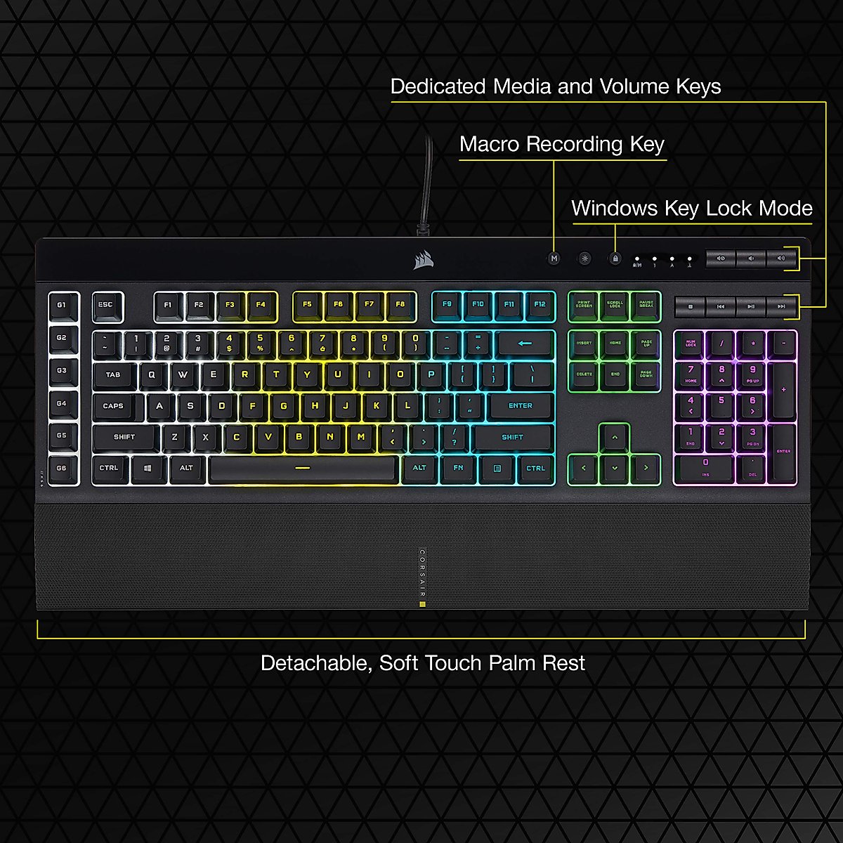 CORSAIR K55 RGB PRO-Dynamic RGB Backlighting - Six Macro Keys with Elgato Stream Deck Software Integration-IP42 Dust and Spill Resistant-Detachable Palm Rest-Dedicated Media and Volume Keys, Black