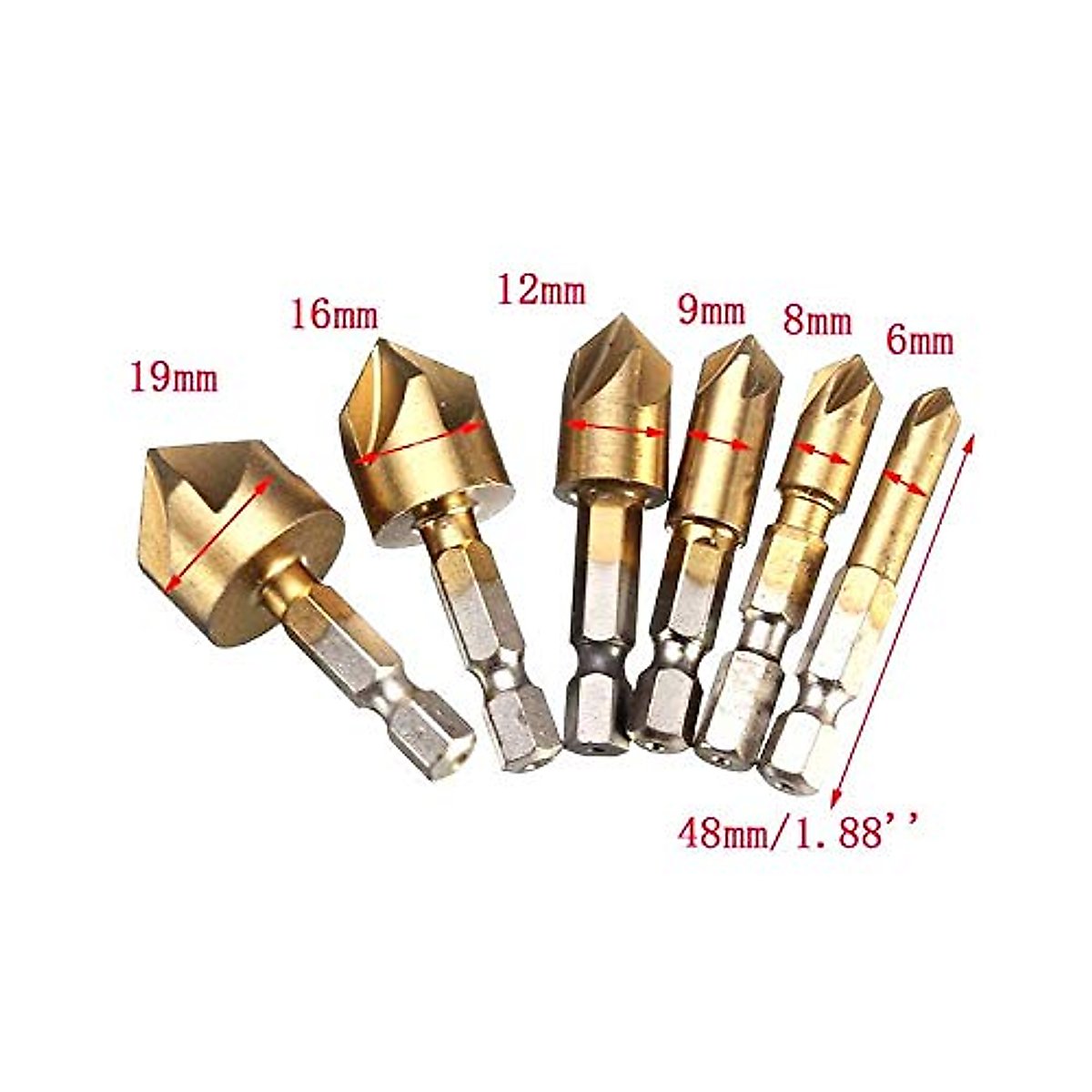 Y-imoi - Countersink Drill Bit Countersink Drill Bit Set 6 Pcs 1/4'' Hex Shank Titanium Plated HSS 5 Flute Countersink 90 Degree Center Punch Tool Chamfer Bit Sets for Wood Quick Change Bit 6mm-19mm