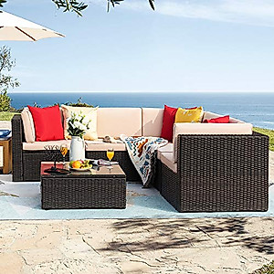 Homall 6 Pieces Furniture Outdoor Sectional Sofa All Weather PE Rattan Patio Conversation Set Manual Wicker Couch with Cushions and Glass Table, Beige