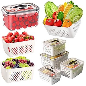 HOMEEE 4 Pack Large Airtight Fridge Food Organizer Containers, Fruit and Vegetable Storage Containers with lids, Portable Outdoor Picnics Food Storage with Removable Colanders(4.15L+3.15L+1.7L+0.8L)