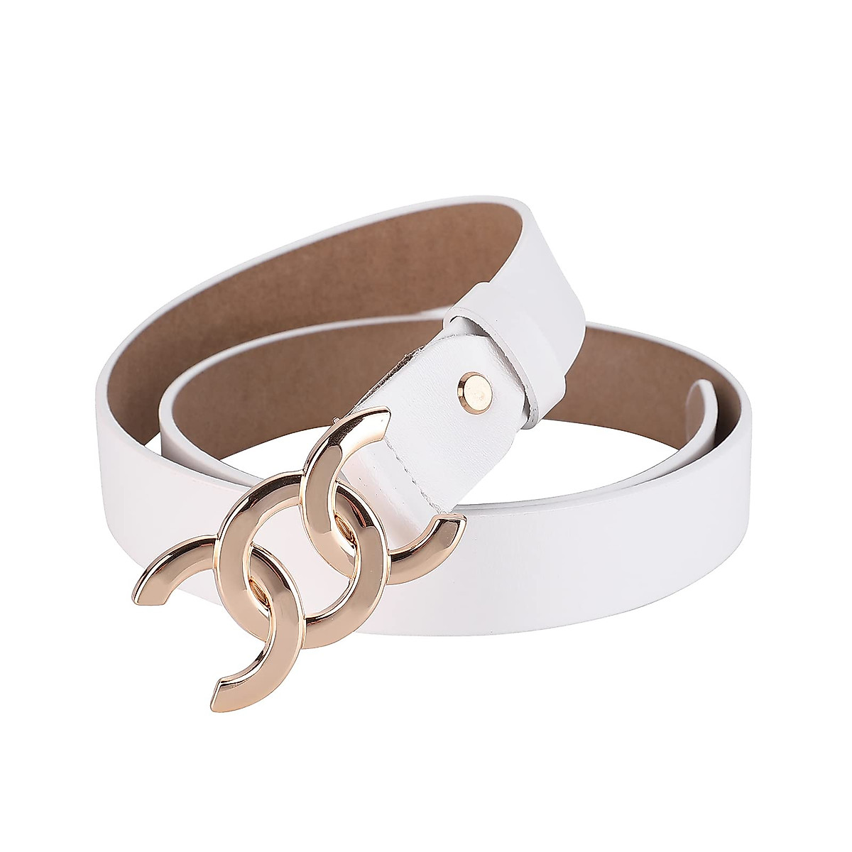 MoYoTo Women’s 2.8cm Wide Leather Belt Fashion Gold Buckle Belts for Jeans Dresses Ladies Waist Belt (Suit Waistline 31″-38″,White)