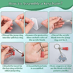 300 PCS Clear Acrylic Keychain Blanks, 6 Shapes Wholesale Acrylic Blanks Leather Tassel Charms Key Chains Jump Rings for Vinyl Resin DIY Crafts Ornament Engrave (Round Heart Square Rectangle Bone)