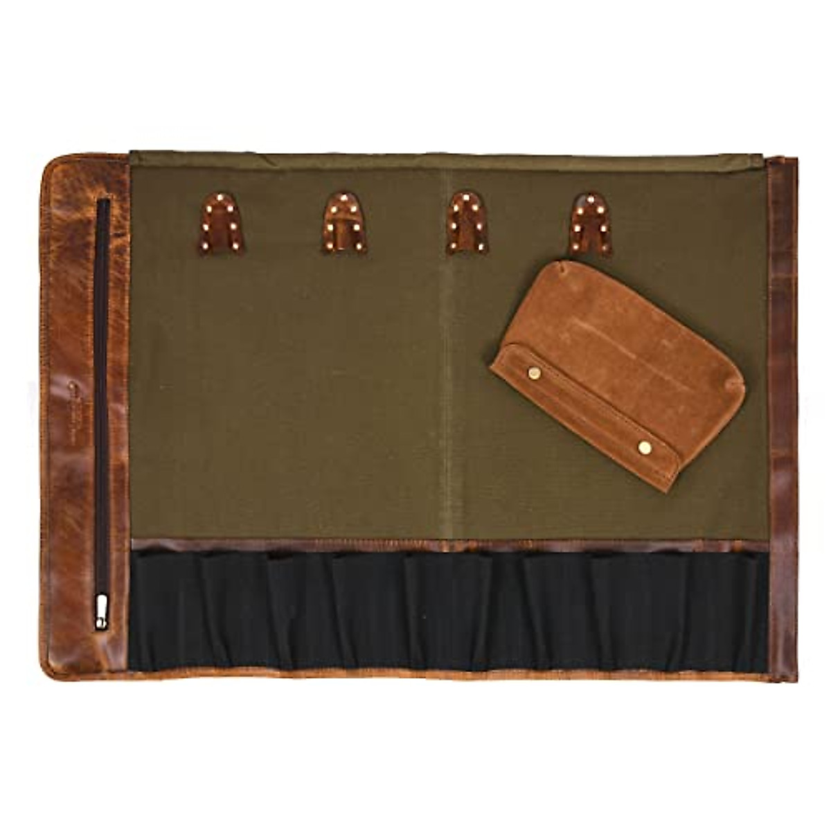 Leather Canvas Knife Roll Storage Bag Expandable 10 Pockets Detachable Shoulder Strap Travel-Friendly Chef Knife Case Roll By Aaron Leather Goods (Louisville, Canvas Leather)