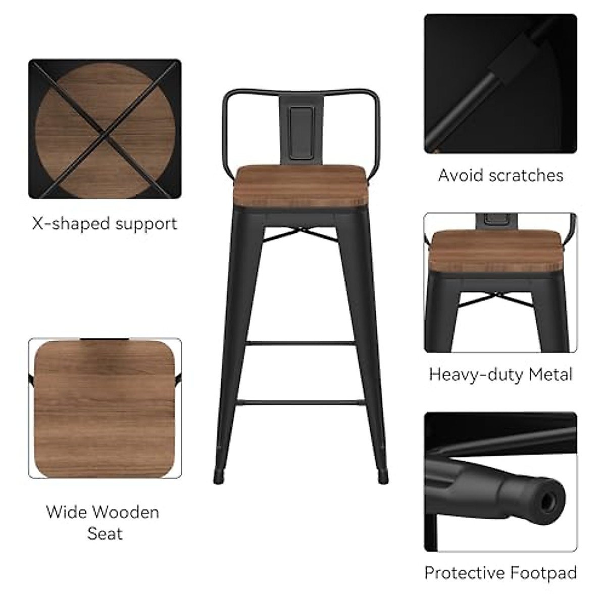 HAOBO Home 30" Low Back Barstools Metal Stool with Wooden Seat [Set of 4] Counter Height Bar Stools, Matte Black