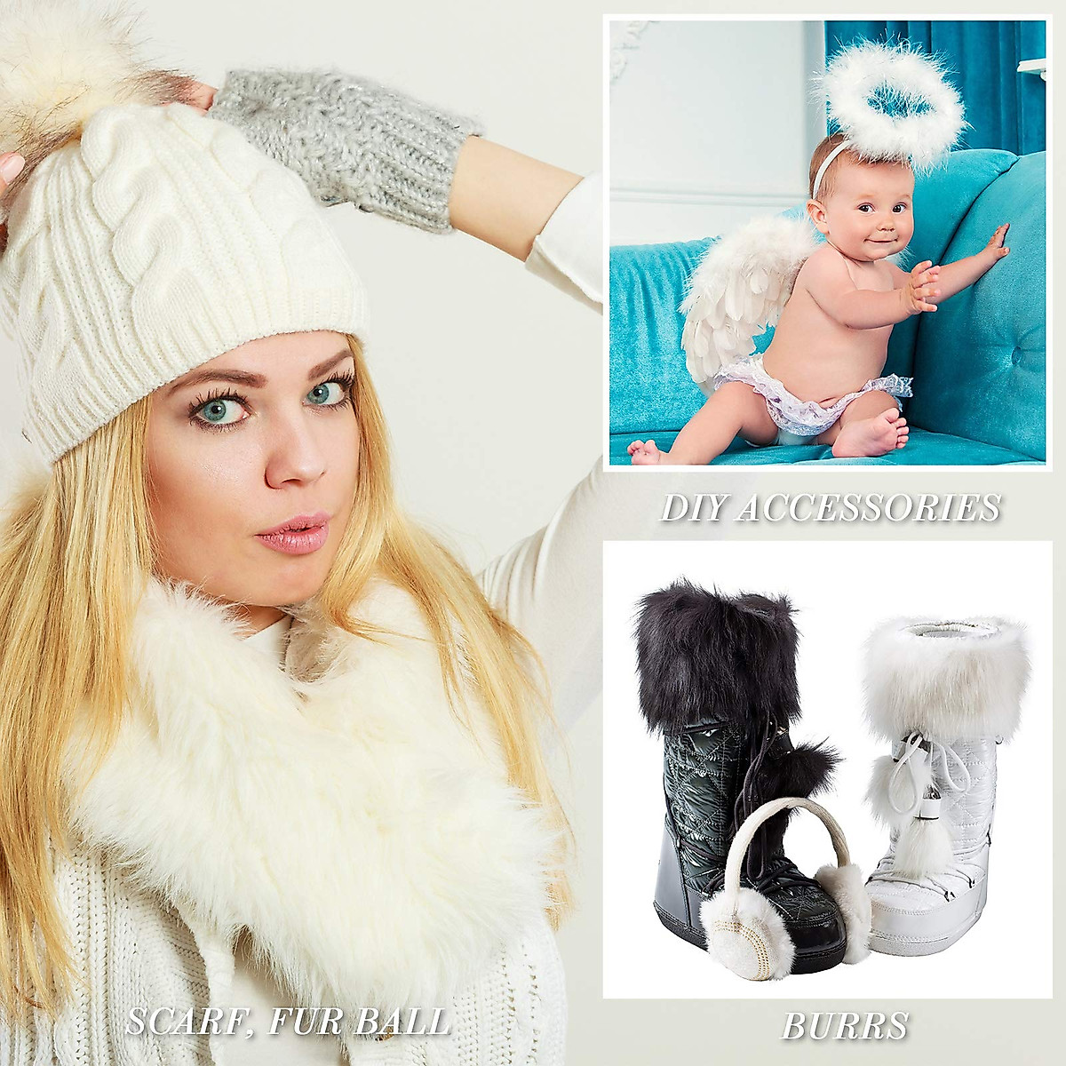 4 Pieces Faux Fox Fur Fabric Shaggy Fur Patches Fabric Trim Ribbon Chair Cover Seat Cushion Pad Supplies for DIY Craft Costume Decoration(White)