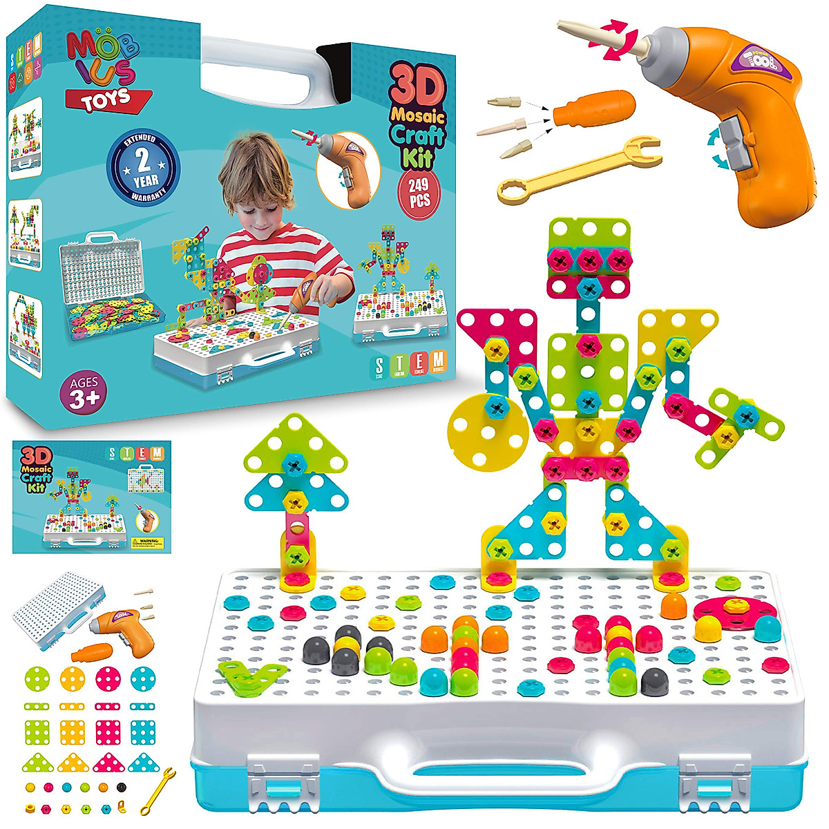 249 PCS STEM Learning Toys – Electric Drill DIY Educational Set, Creative Engineering with Various Shapes and 5 Toy Tools – 2&3D Mosaic Construction Kit for Toddlers, Boys and Girl Ages 3 4 5 6 7 8 9
