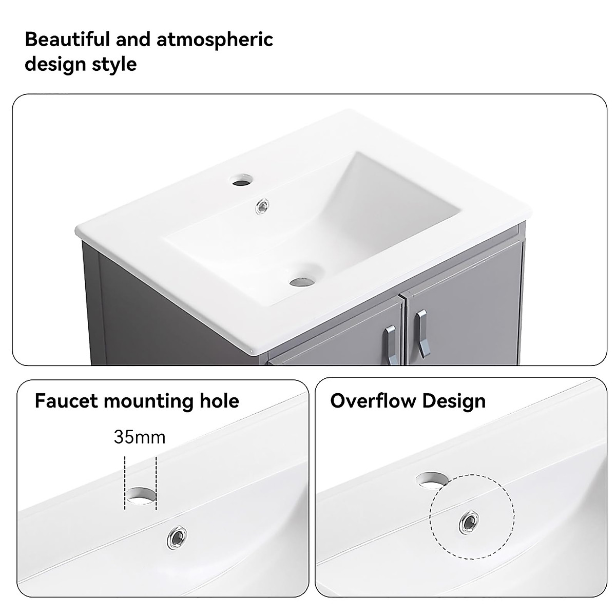 24 Inch Bathroom Vanity with Sink Combo, Floating Bathroom Vanity Set with Two Metal Soft Close Cabinet Doors Modern Wall Mounted Bathroom Vanity Cabinet with White Ceramic Sink, for Small Space