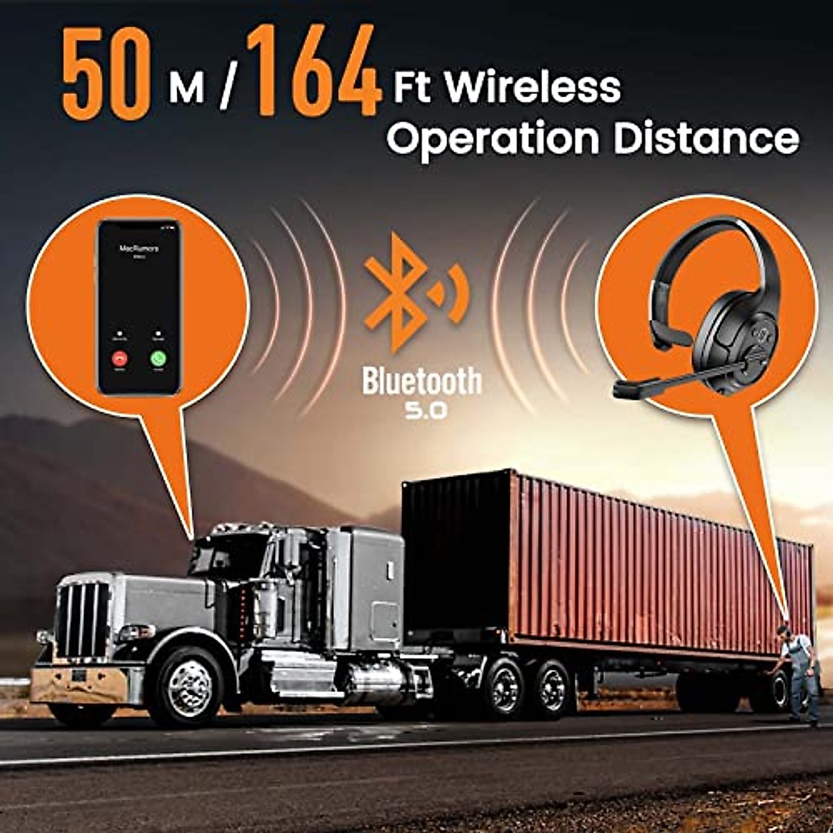 EKSA Trucker Bluetooth Headset, 164ft Wireless Headphones for PC with AI Noise Cancelling Microphone & USB Dongle, 57Hrs Worktime, Computer Headset with Mute Button for Cell Phone Office Work Skype