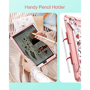 SURITCH for iPad 9th/8th/7th Generation Case 10.2-inch, Built in Screen Protector Pencil Holder Shockproof Rugged Full Body Protection Case with Kickstand for iPad 2021/2020/2019 - Rose Marble