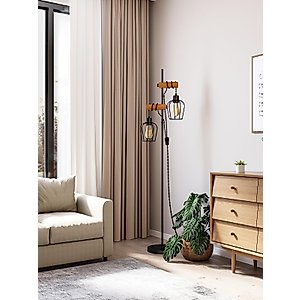 addlon Industrial Vintage Floor Lamp, Ajustable Farmhouse Floor Lamp, Wood Standing Lamp with Sturdy Base Rustic Tall Pole Light, Unique Tree Floor Lamps for Living Room Bedroom Office (2Bulb)
